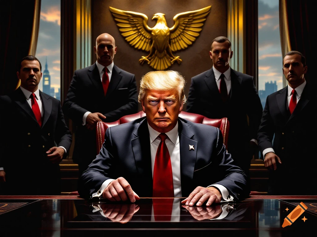 Donald Trump as a mafia boss sits at a desk flanked by bodyguards under ...