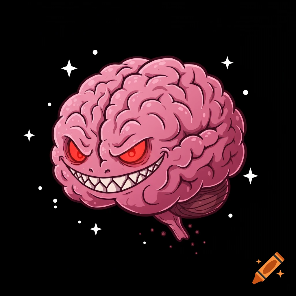 A pink cartoon brain with red eyes and sharp teeth floats in space. on ...