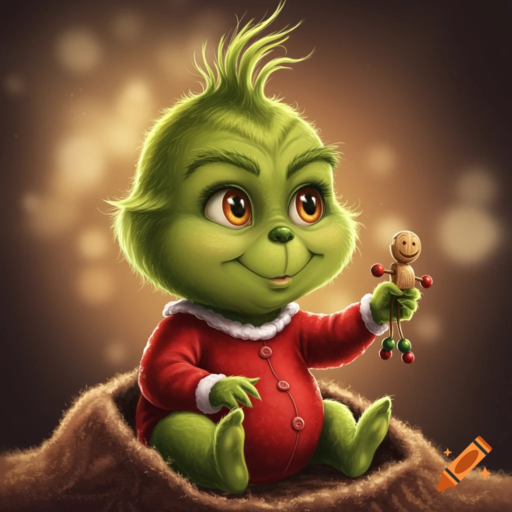 A cute baby Grinch in a red suit holding a wooden toy. on Craiyon