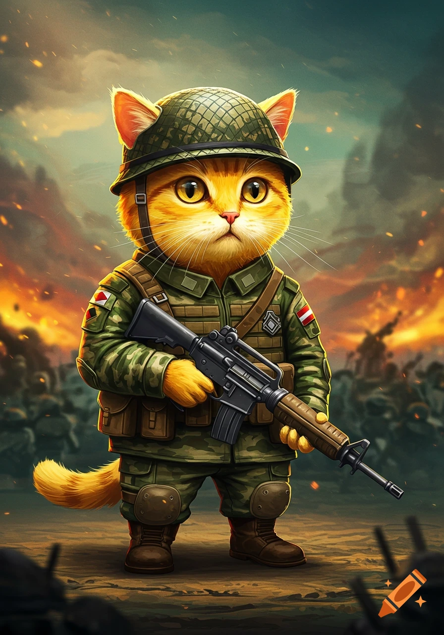 A cute orange cat dressed in military uniform and helmet, holding a ...