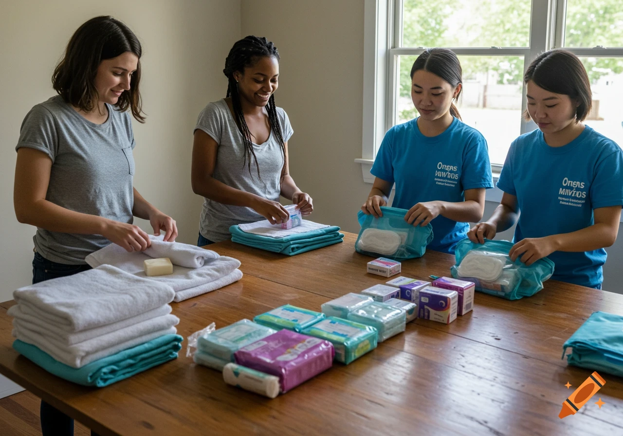 Four women packing hygiene kits at a table. on Craiyon