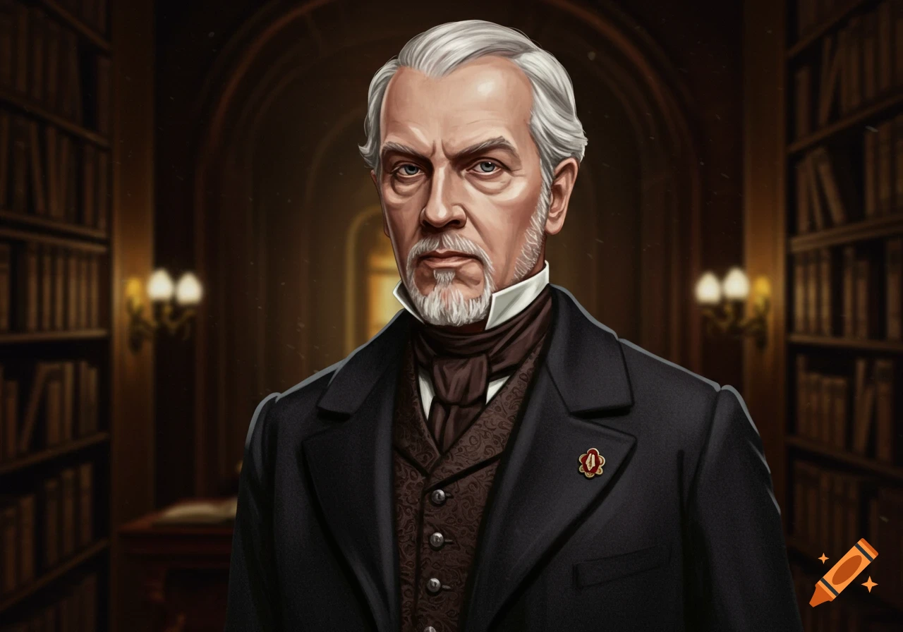 Portrait of a stern man with a goatee and grey hair wearing Victorian ...