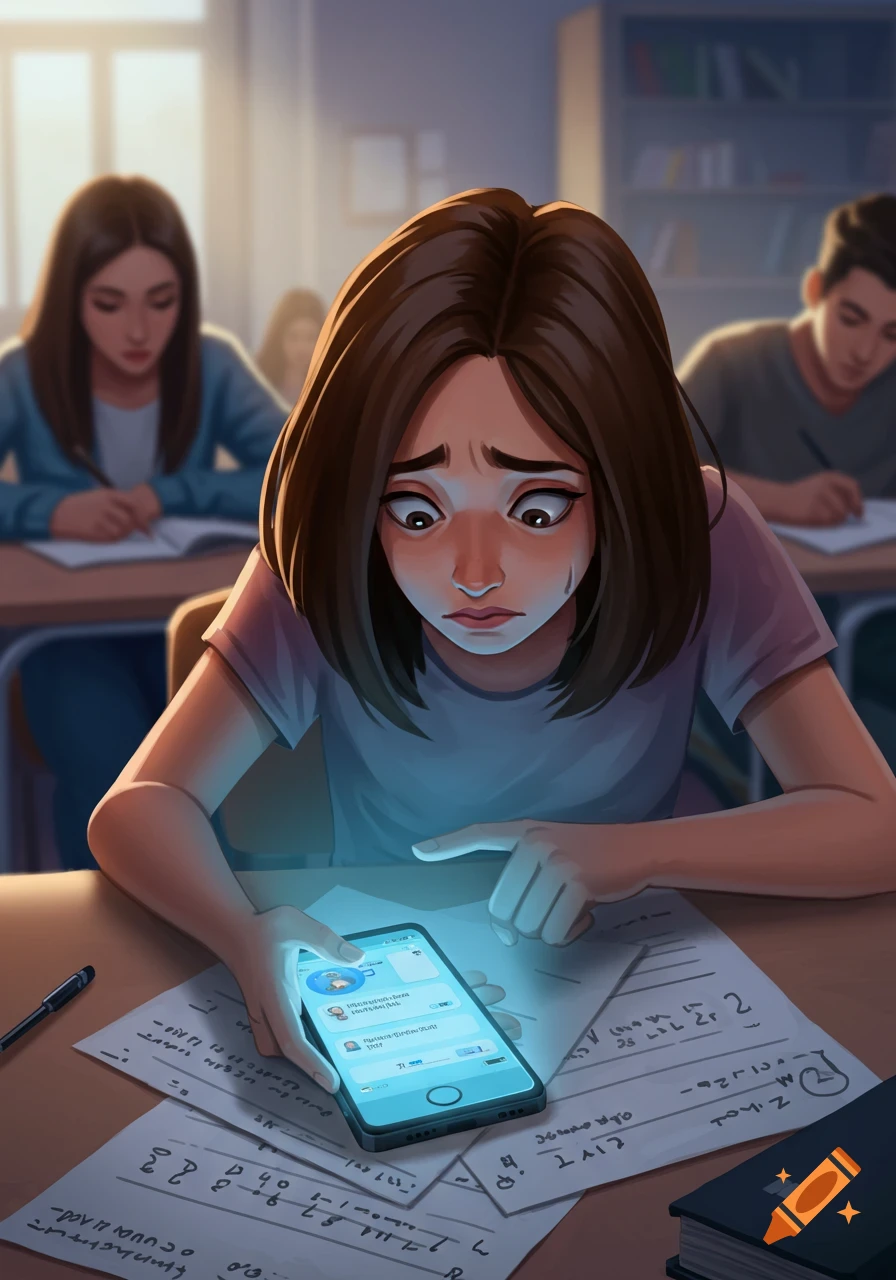A stressed student uses their phone to cheat on a test in a classroom ...