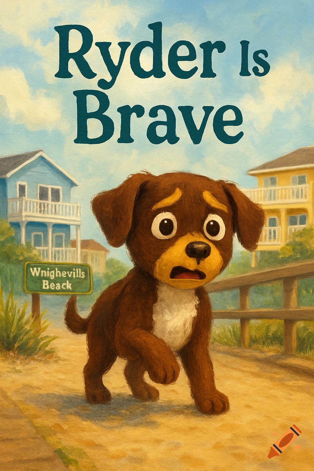 Cartoon dog looking scared on a beach path with houses in the ...