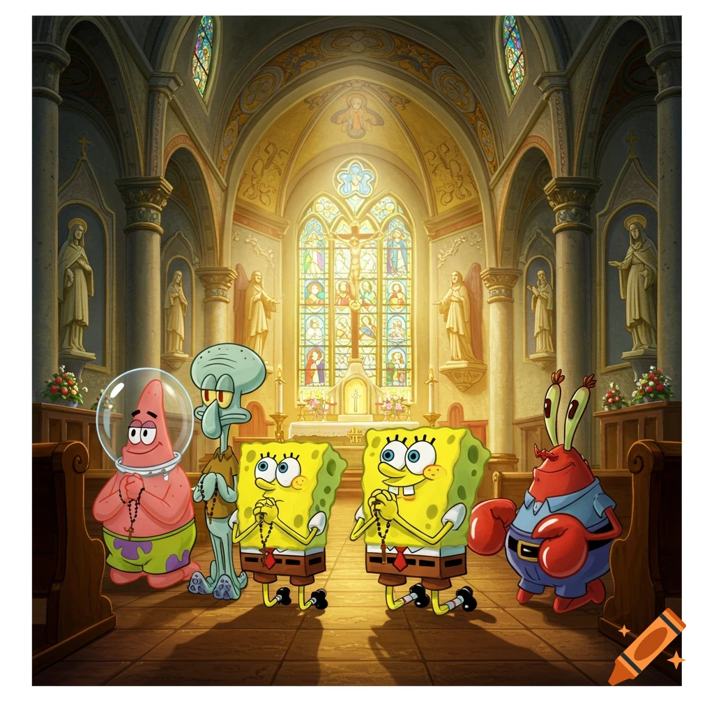SpongeBob, Patrick, Squidward, and Mr. Krabs pray in a Catholic Church ...