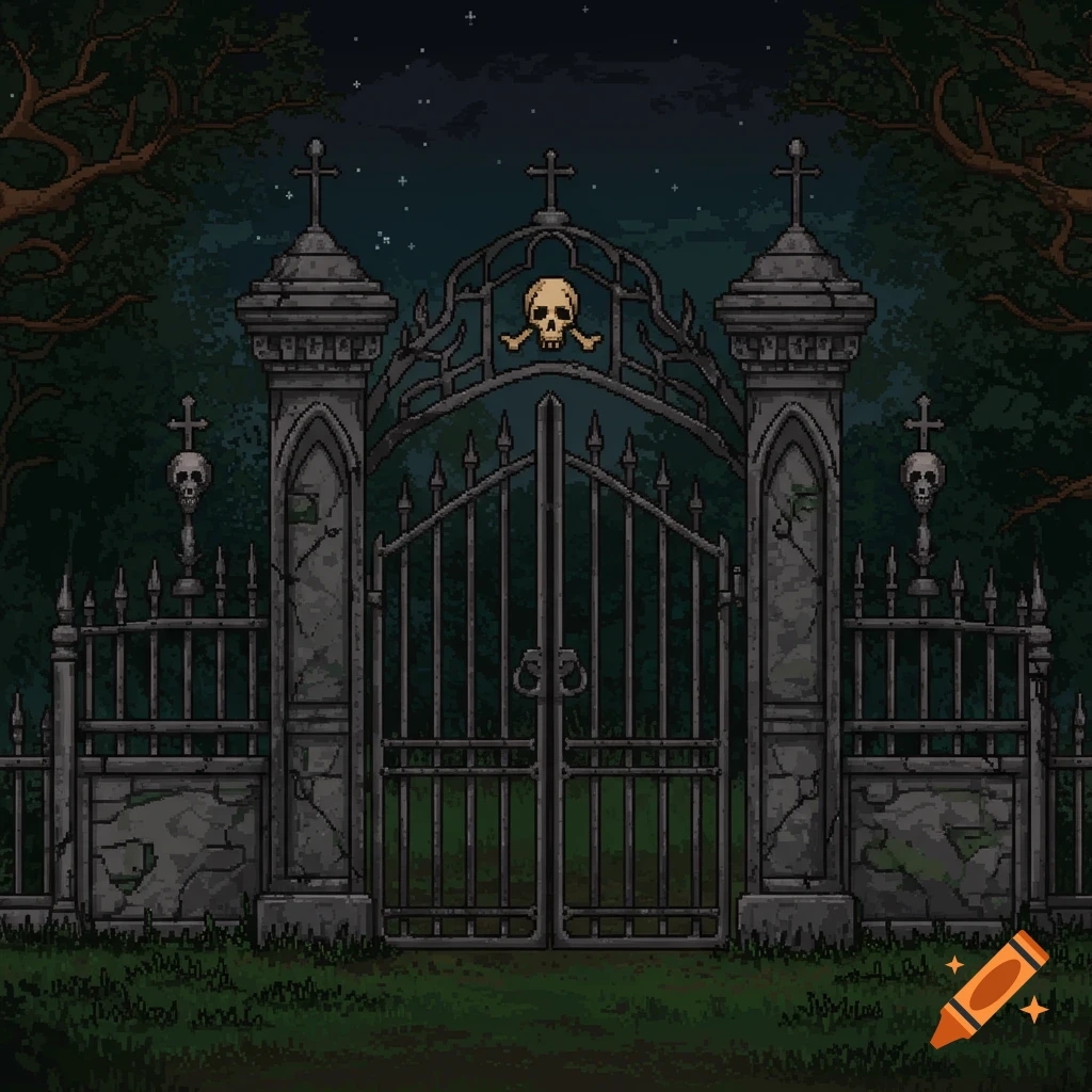 Pixel art image of dark cemetery gates with skulls and crosses at night ...