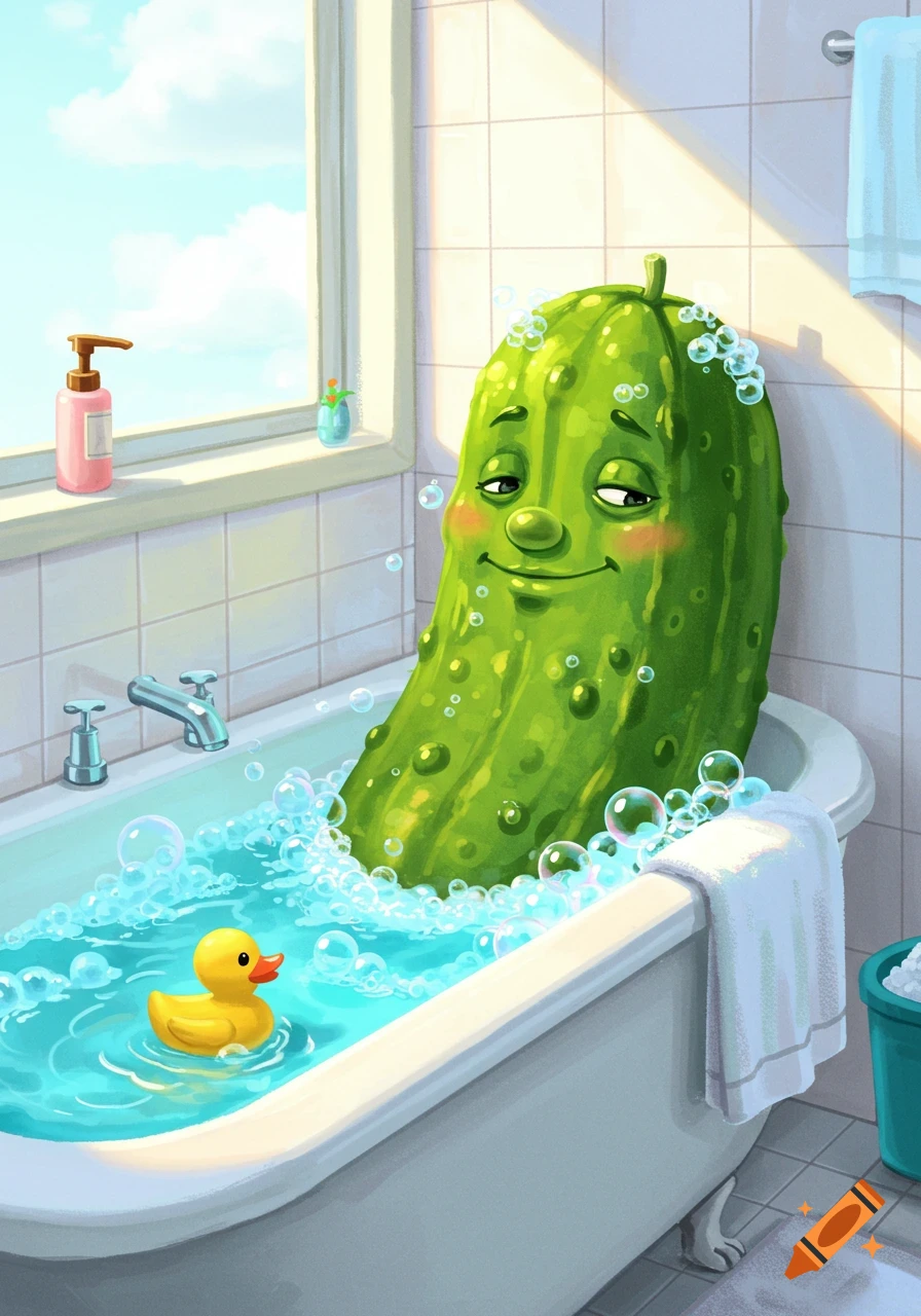 A cartoon pickle takes a bubble bath with a rubber duck. on Craiyon
