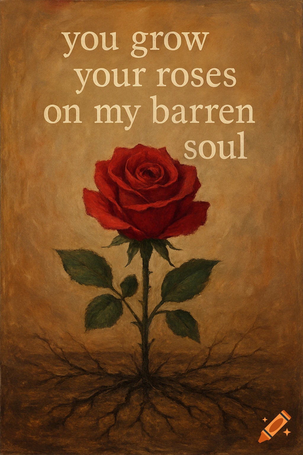 Painting of a red rose with roots and the text 'you grow your roses on ...