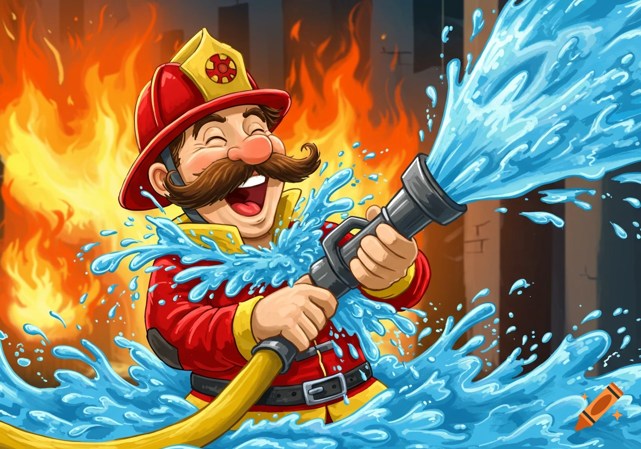 Cartoon firefighter with mustache holds hose, getting splashed by water ...