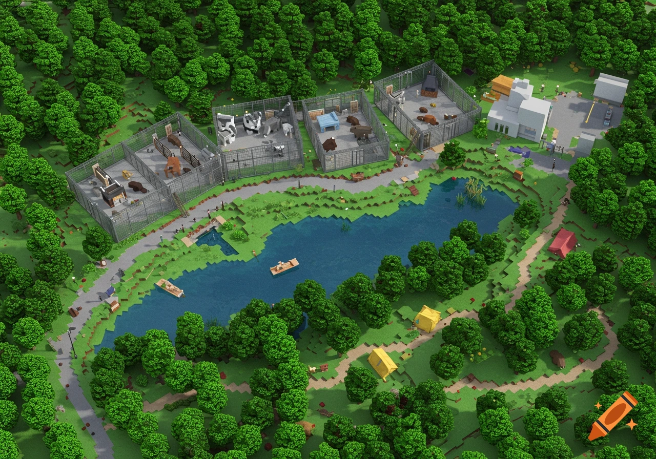 Aerial view of a Minecraft-style animal conservation park with ...