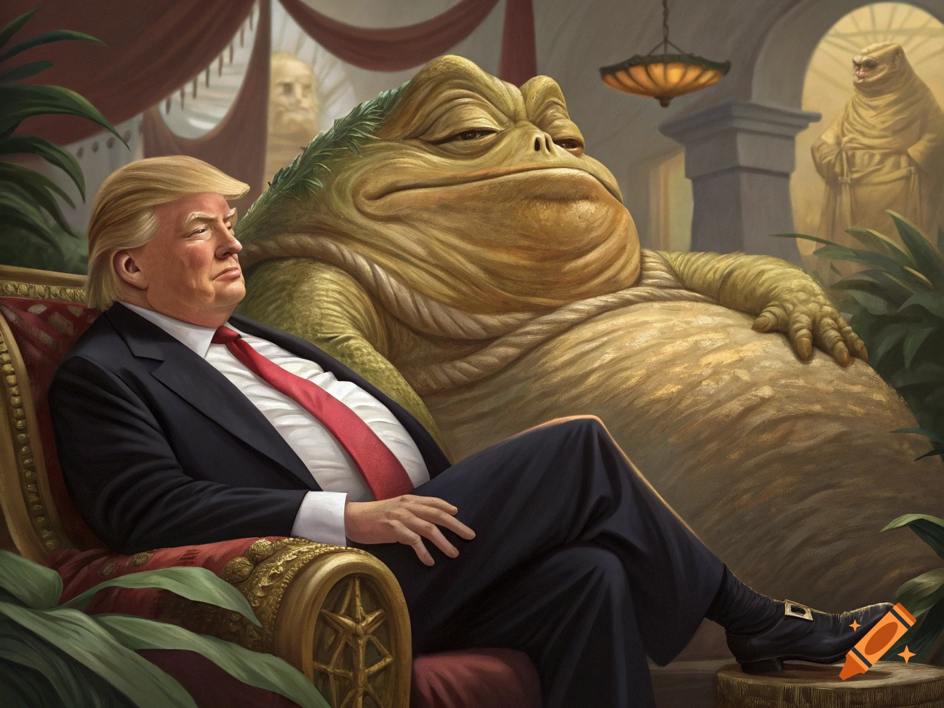 Painting of Donald Trump depicted as Jabba the Hutt sitting on a couch on Craiyon
