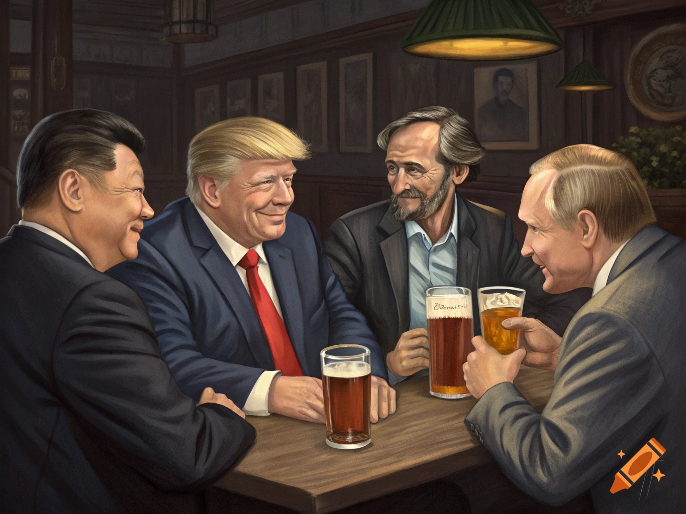 Painting of four men resembling political figures drinking beer in a ...