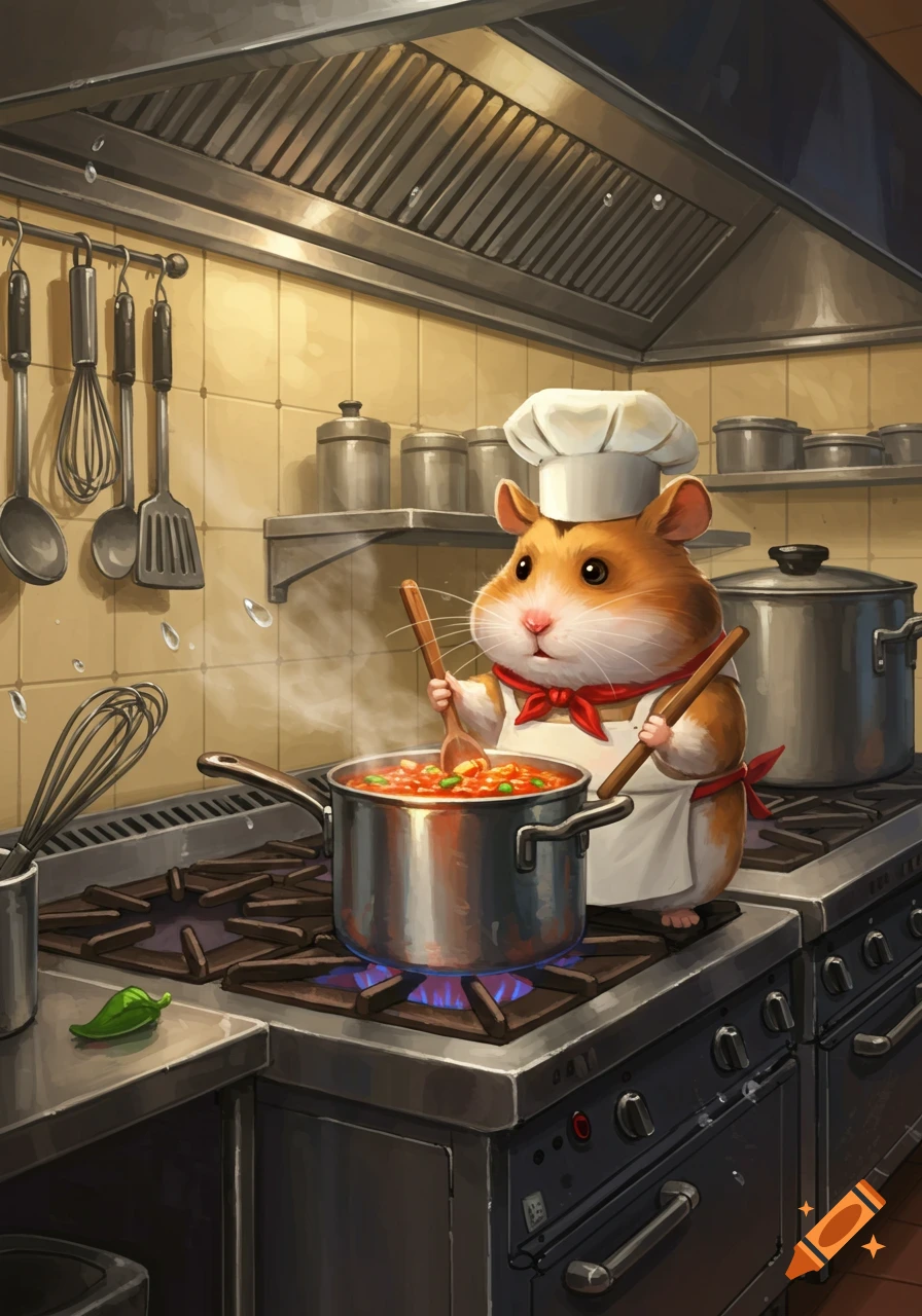 Cute hamster chef stirring a pot in a busy restaurant kitchen, digital ...