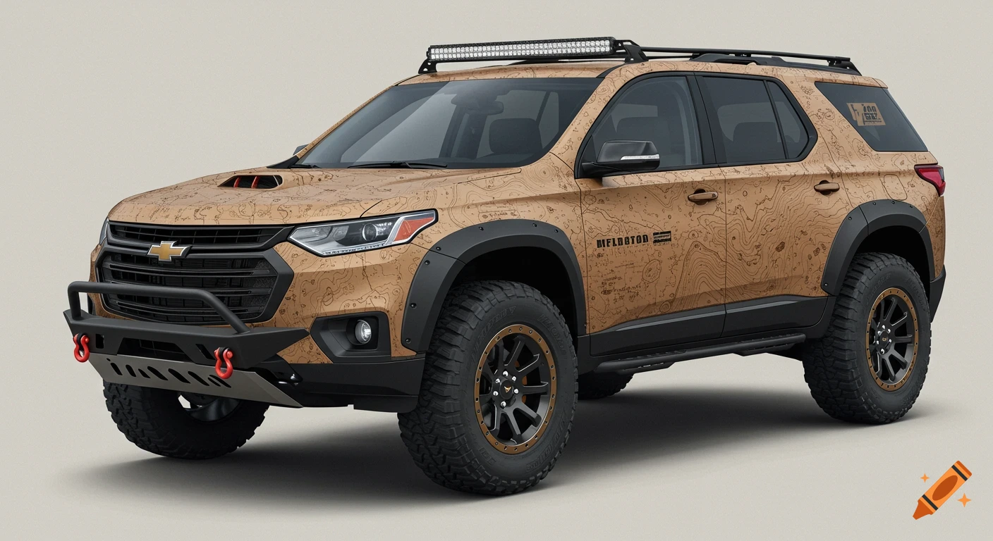 Custom off-road Chevrolet Traverse with a topographic map wrap on Craiyon