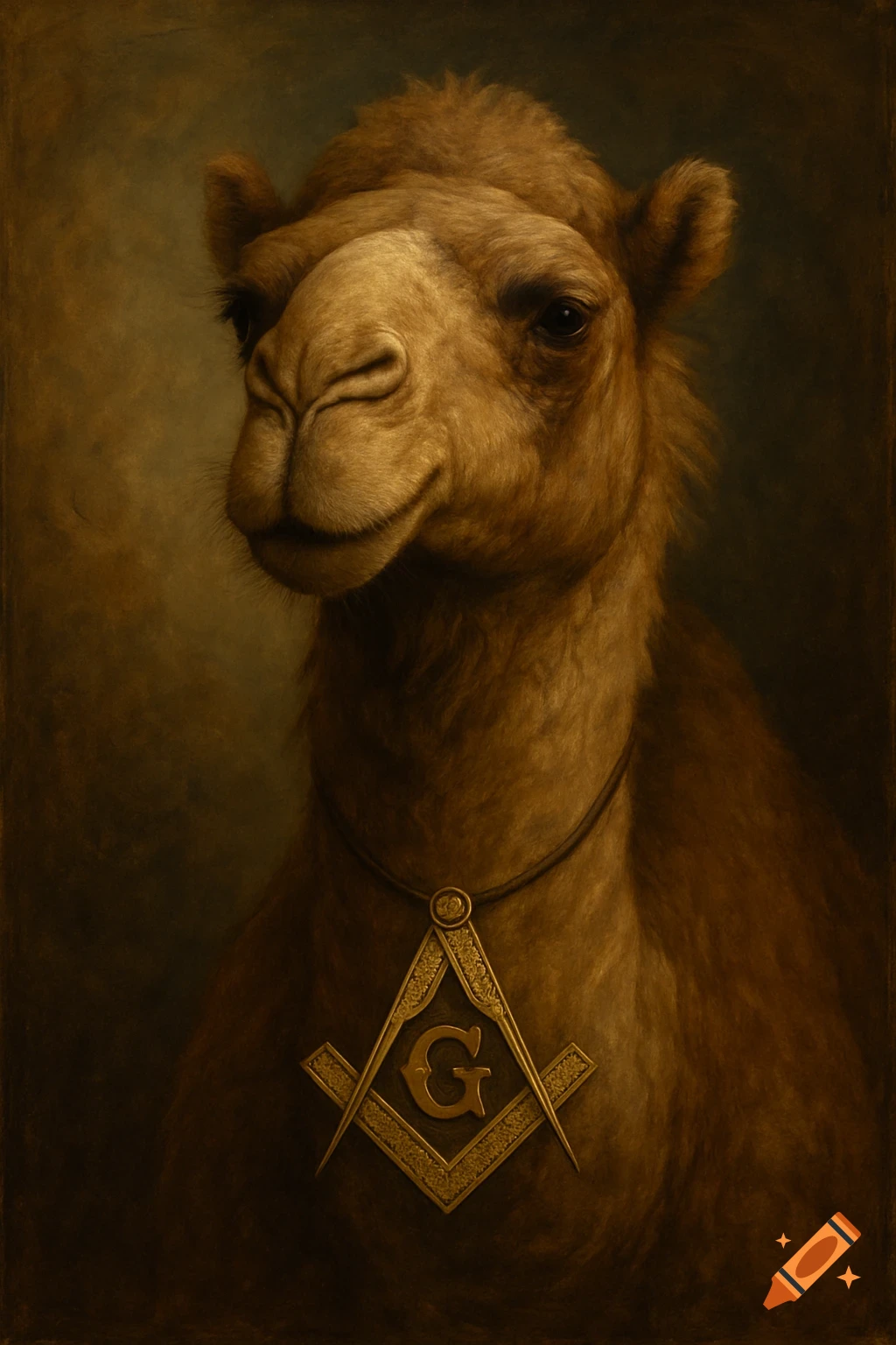 Oil painting portrait of a camel wearing a necklace with a gold Masonic ...
