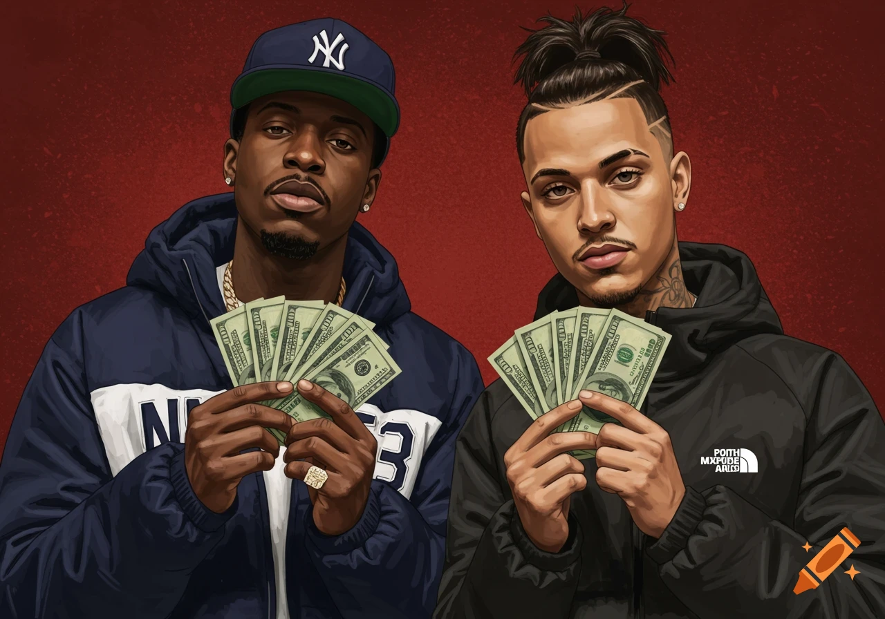Illustration of two hip hop artists holding money. on Craiyon