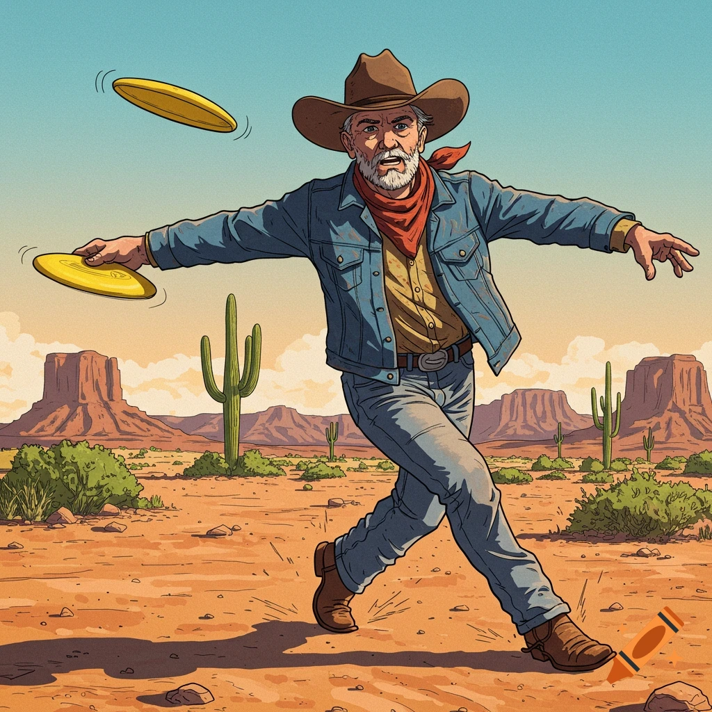 An illustrated cowboy throws a frisbee in a desert landscape. on Craiyon