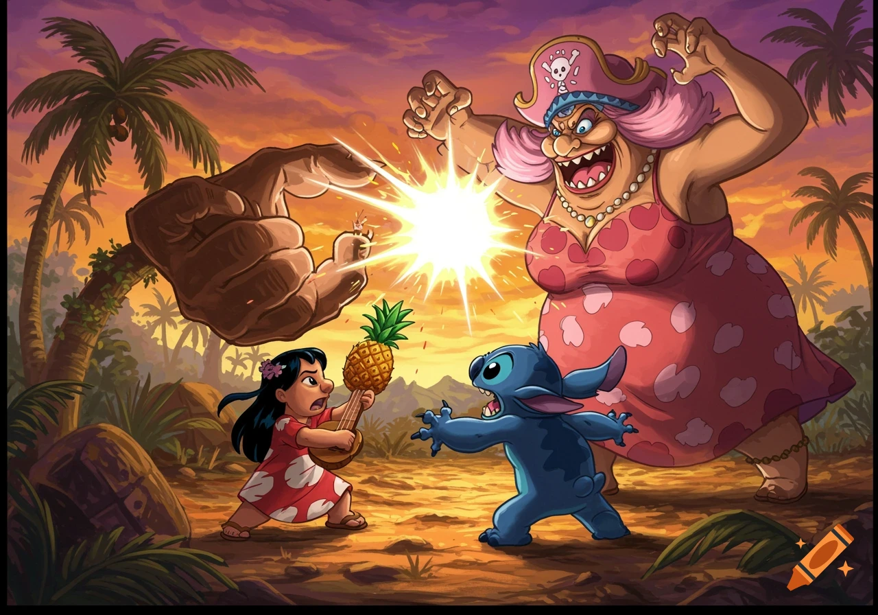 Lilo & Stitch and Big Mom fighting in a jungle, cartoon style on Craiyon