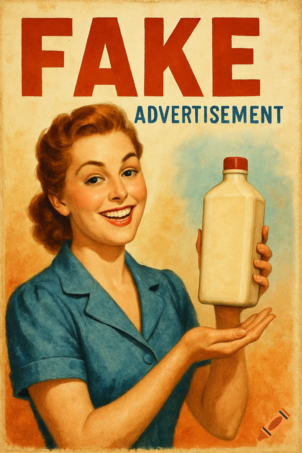 Vintage poster of a smiling woman holding a bottle, with text reading ...