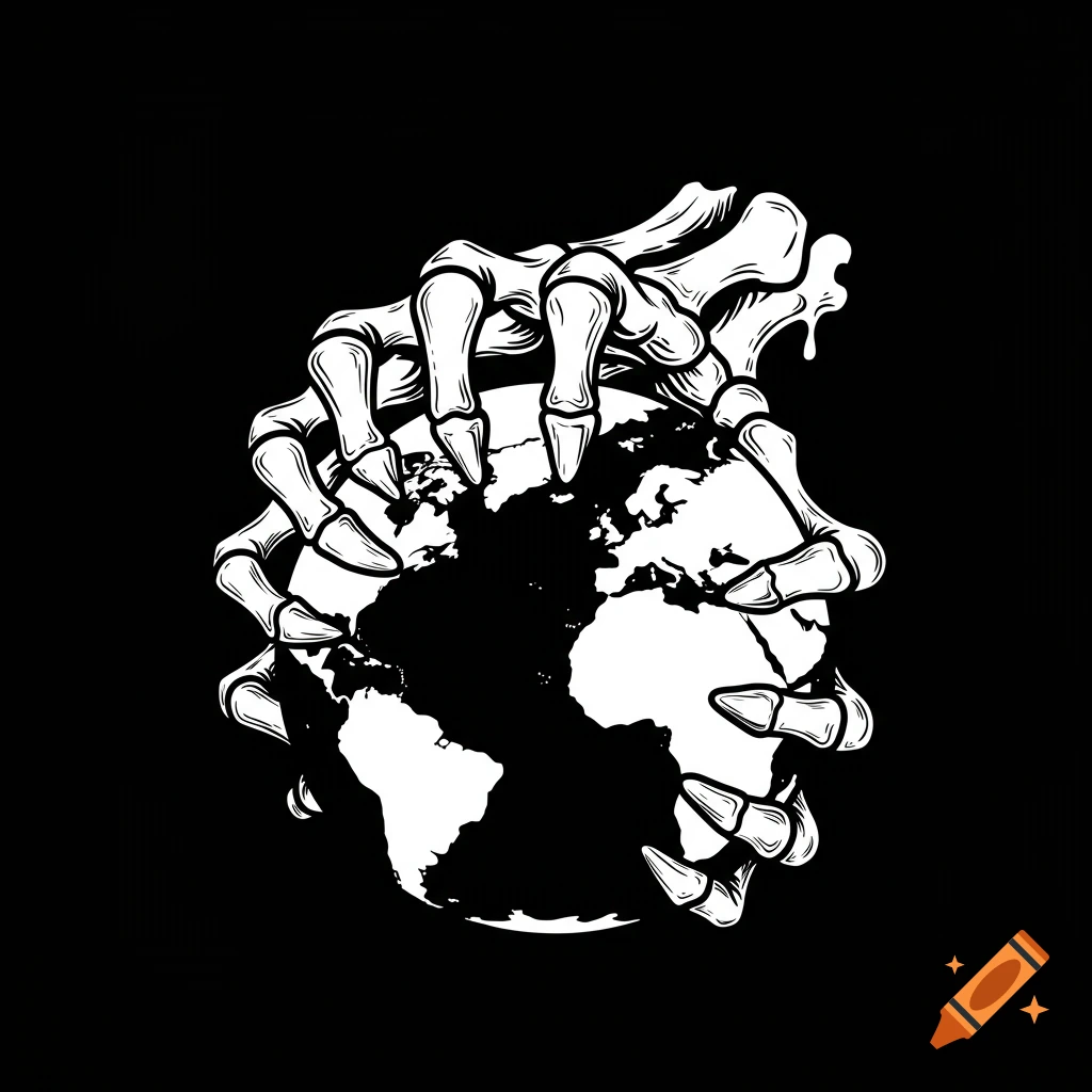 Skeletal hands gripping the Earth in a black and white illustration. on ...