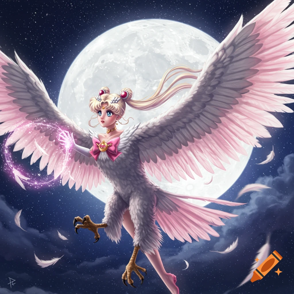 Sailor Moon as a humanoid eagle with large pink wings flies under a ...