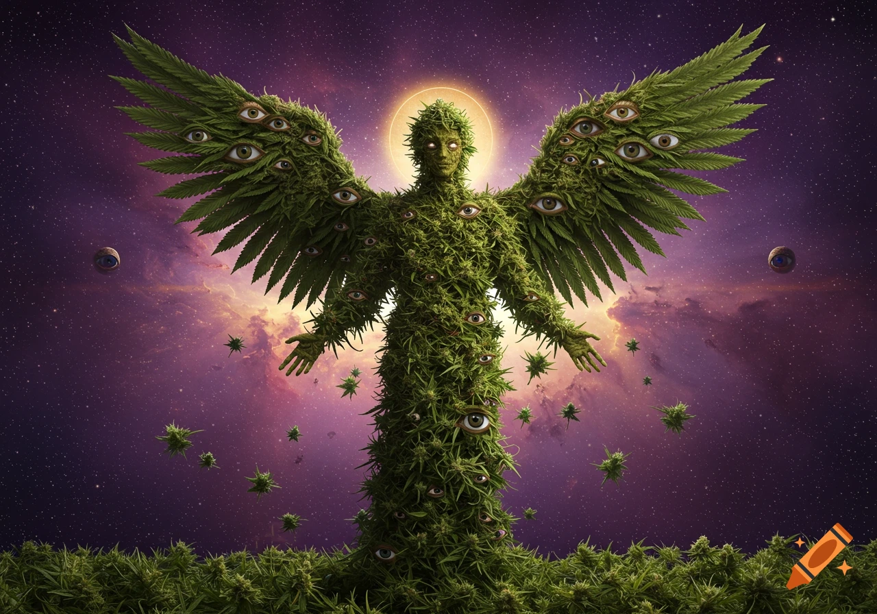 A biblically accurate angel figure made of marijuana plants and eyes ...