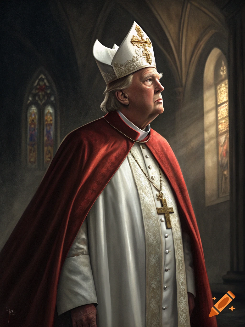 A man dressed as a Pope stands in a dimly lit church, bathed in a beam ...