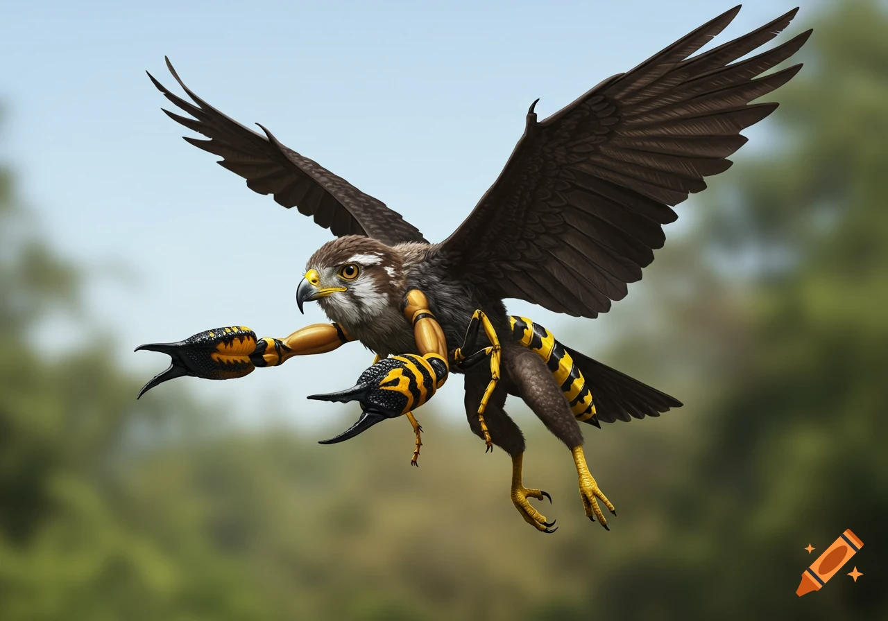A photorealistic hybrid creature with a hawk head and wings, scorpion ...