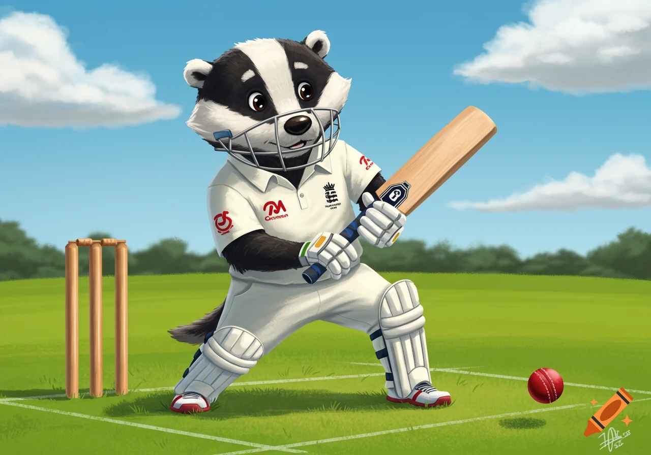 An illustration of a badger in cricket gear holding a bat on a pitch ...