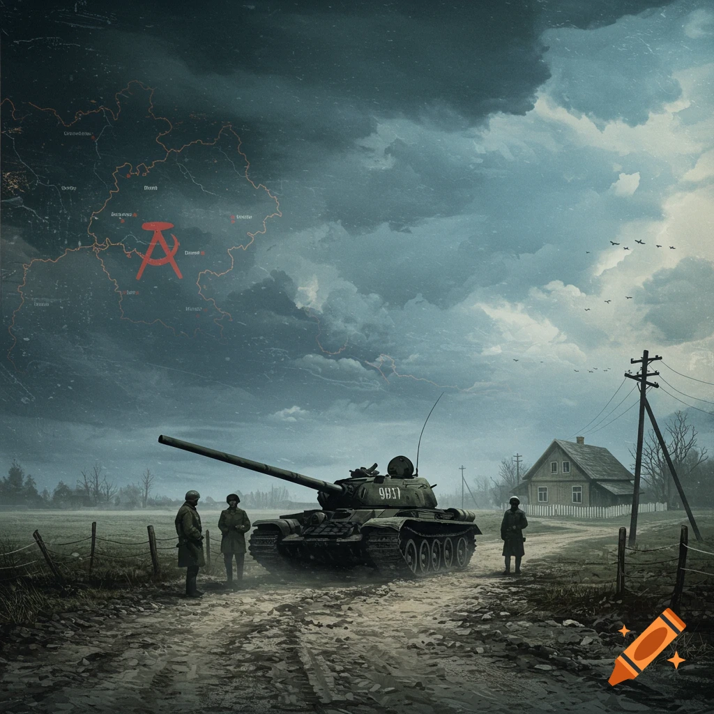 Tank and soldiers on a muddy road under a stormy sky with a map overlay ...