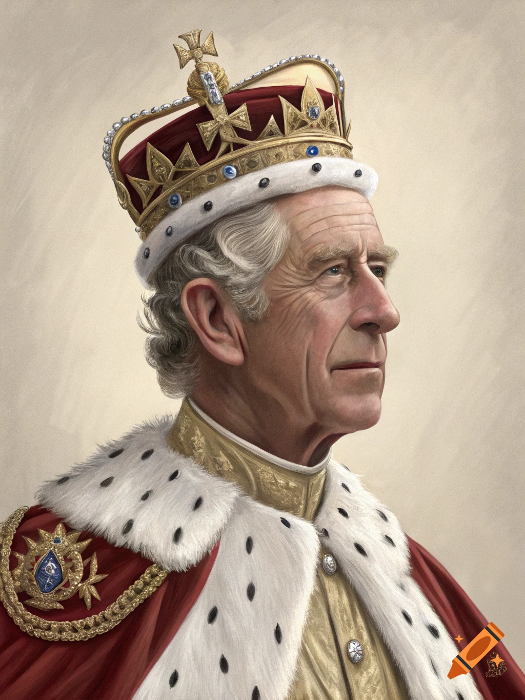 Portrait of King Charles III in coronation regalia, wearing a crown and ...