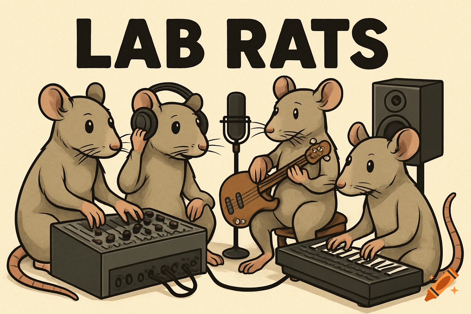 Cartoon illustration of four lab rats playing music instruments in a ...