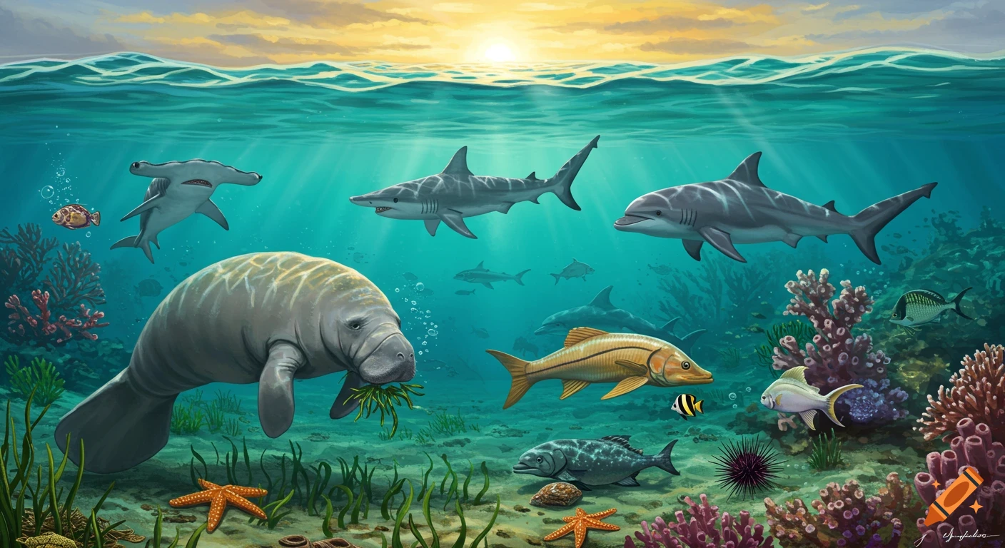 An underwater view shows a manatee, hammerhead shark, other sharks ...