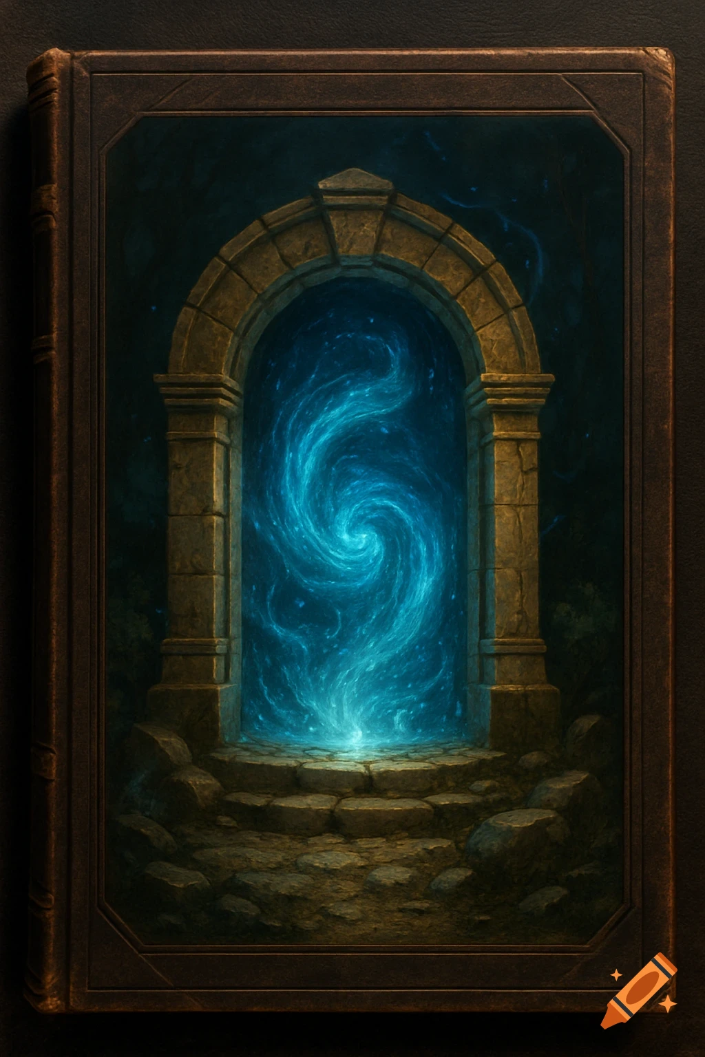 A blue glowing magical portal within a stone arch, framed like an ...