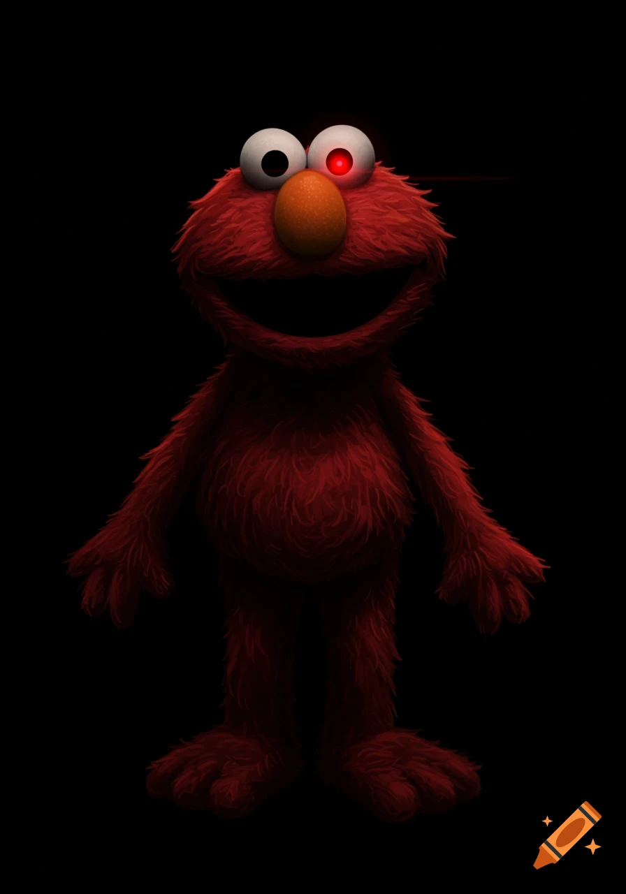 A dark, detailed illustration of Elmo with his right eye glowing bright ...