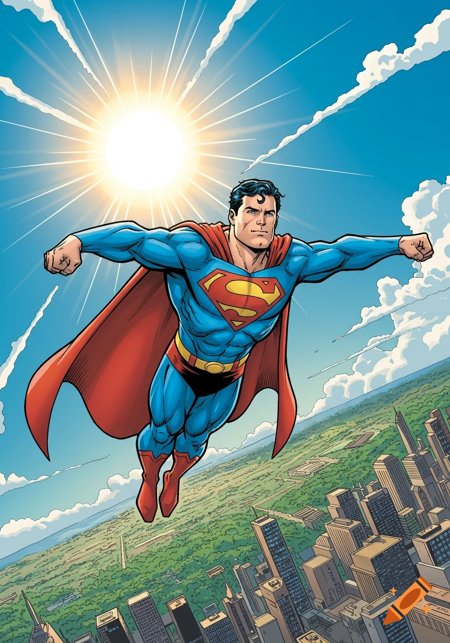 Superman flies high above a city and green landscape in comic book ...