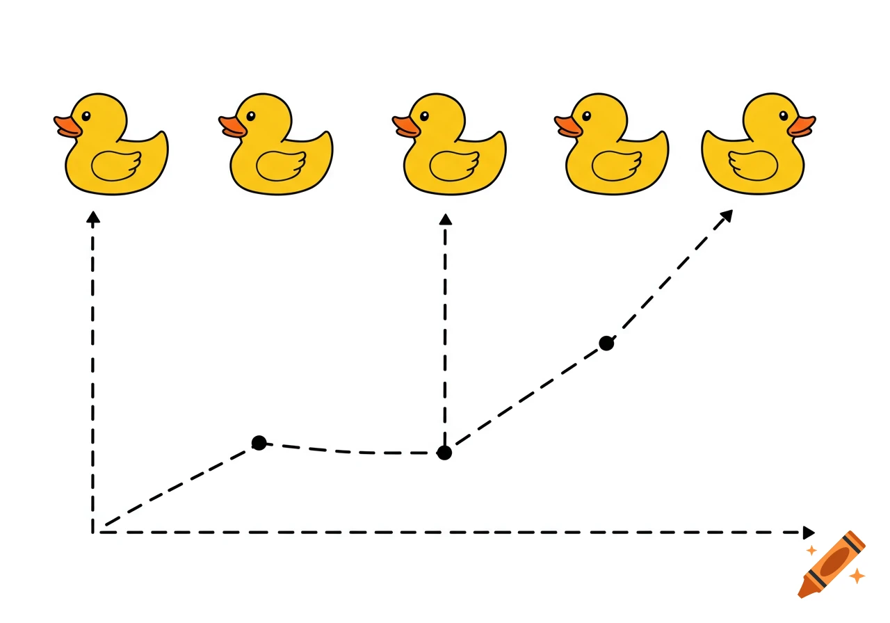 Five cartoon ducks above a dashed line chart. on Craiyon