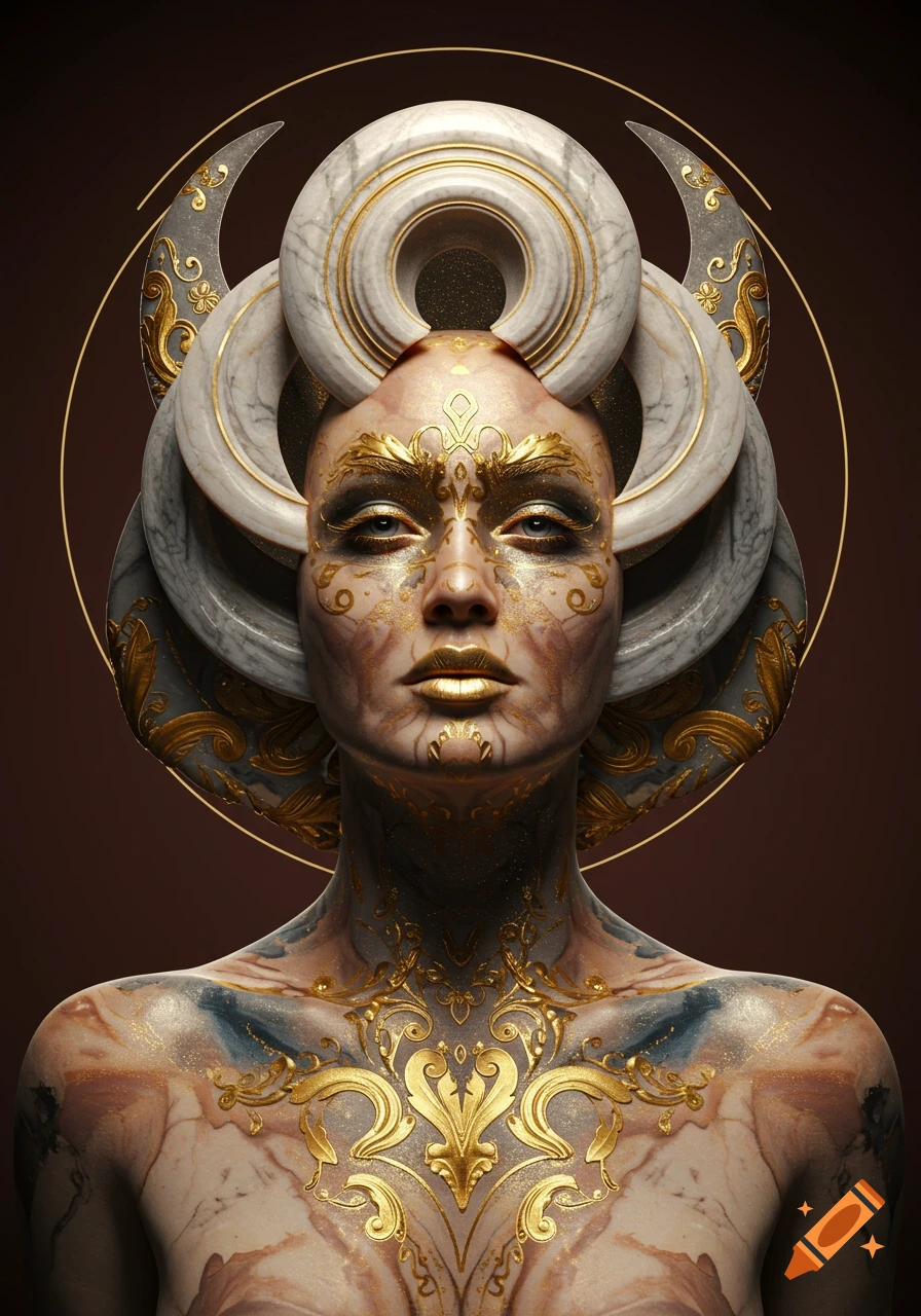 A surreal portrait of a fantasy woman with marble-like skin, golden ...