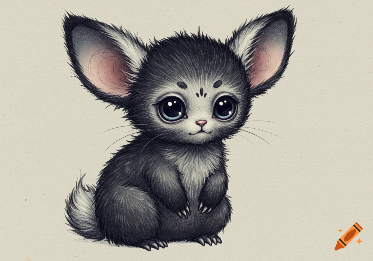 Pencil drawing of a cute fuzzy grey creature with big ears and large ...