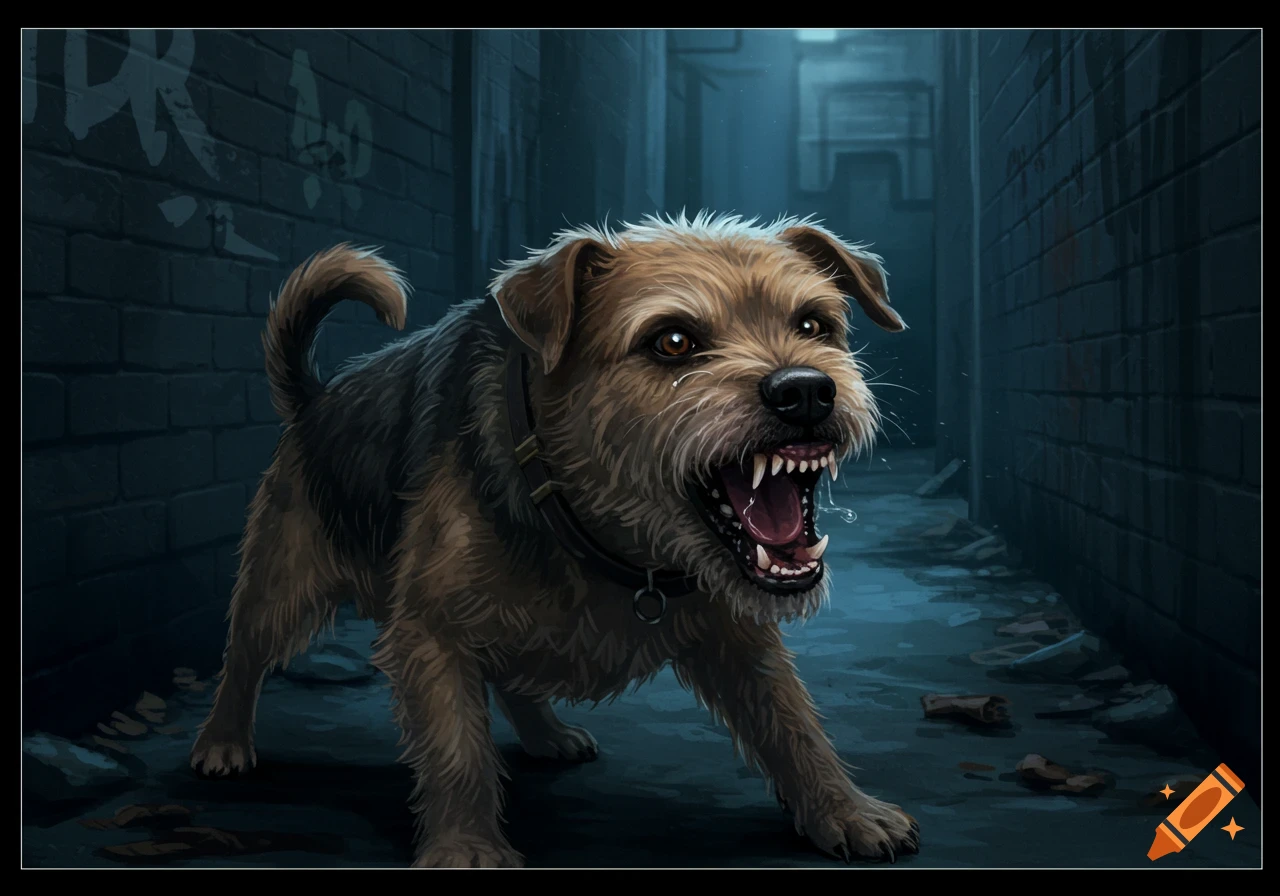 An angry, snarling dog with bared teeth in a dark alleyway illustration ...
