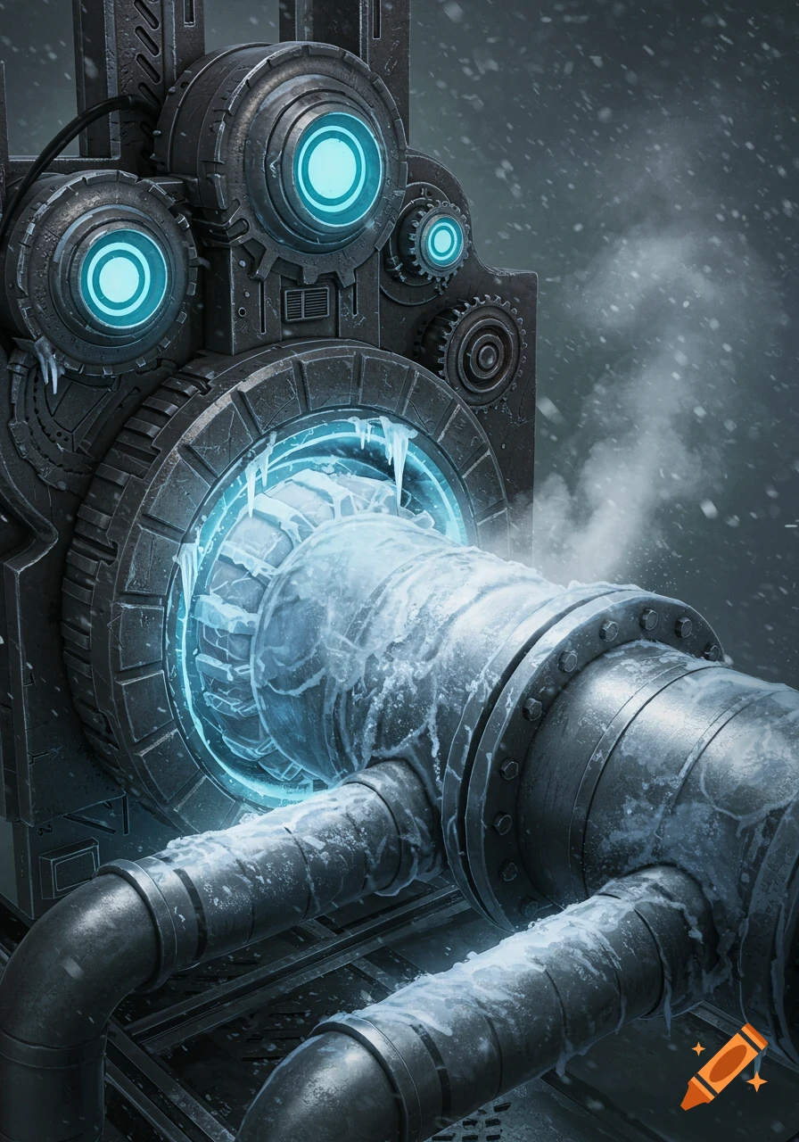 Close-up of an icy, frost-covered industrial machine freezing a large ...