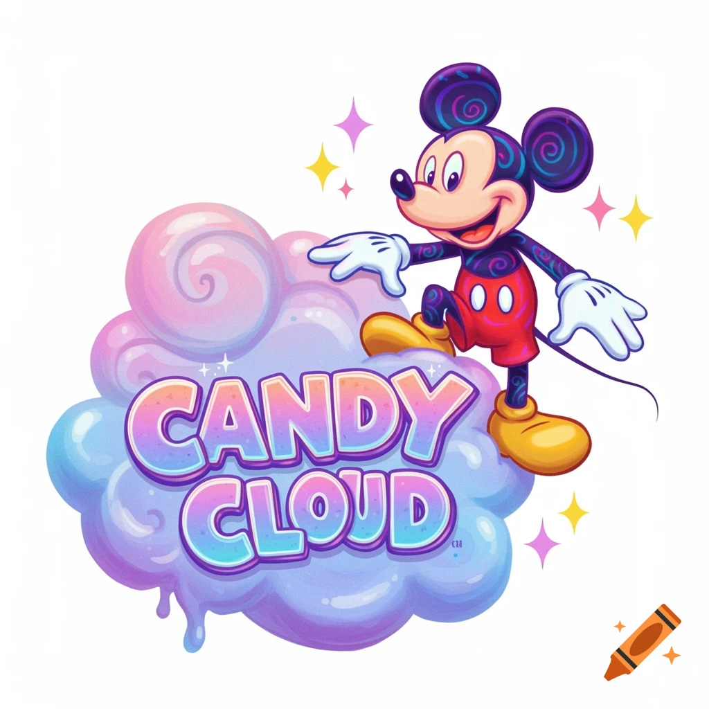 Cartoon illustration of Mickey Mouse standing on a pastel cloud with ...