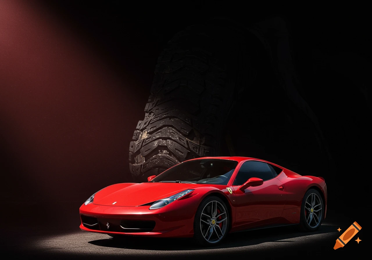 A bright red Ferrari sports car is parked in dramatic lighting with a ...