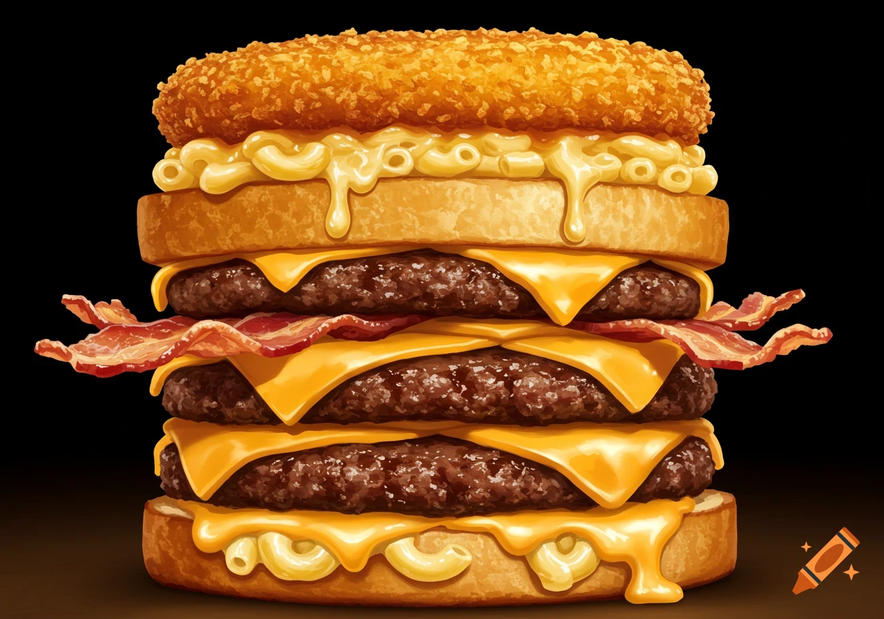 Illustration of a massive stacked burger on Craiyon