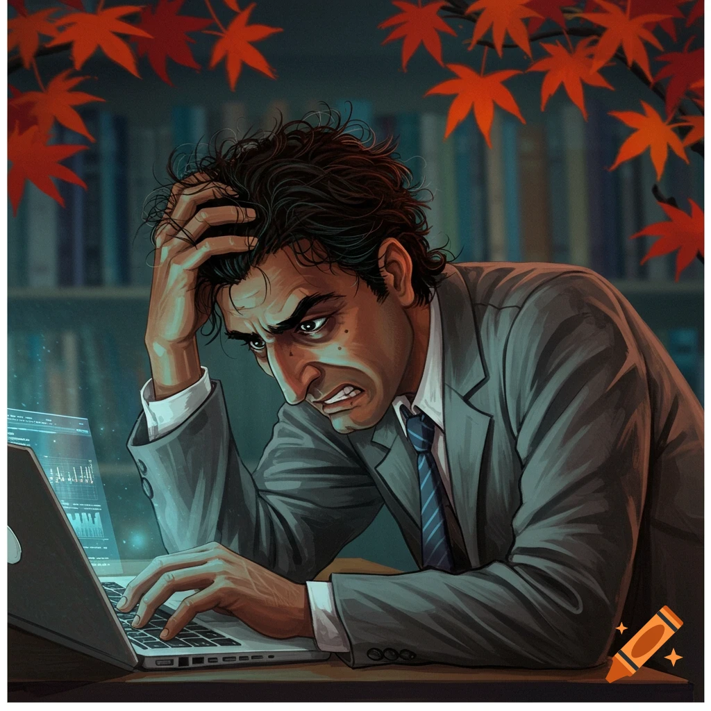 Illustrative portrait of a stressed man in a suit hunched over a laptop ...