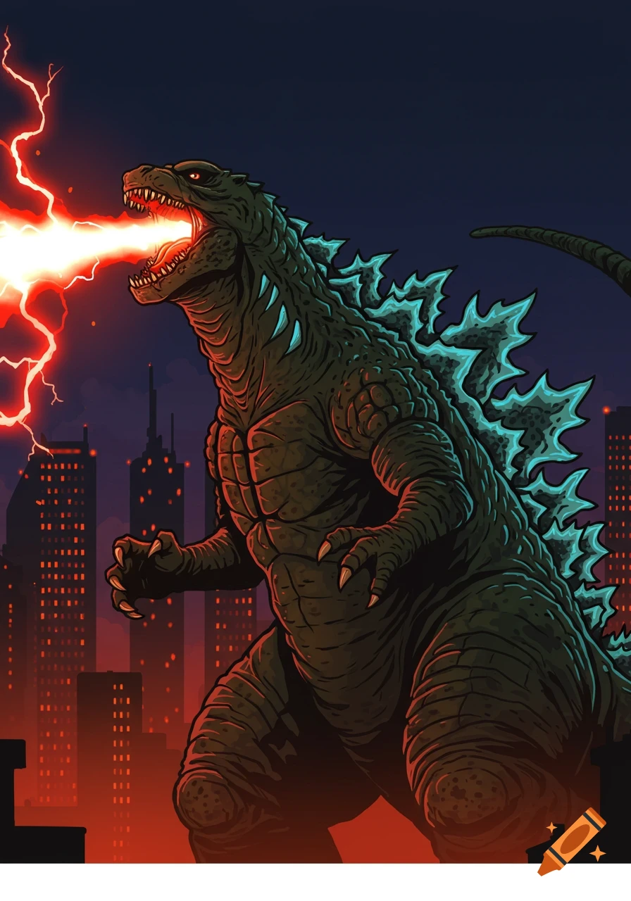 Stylized illustration of Godzilla roaring and breathing atomic fire ...