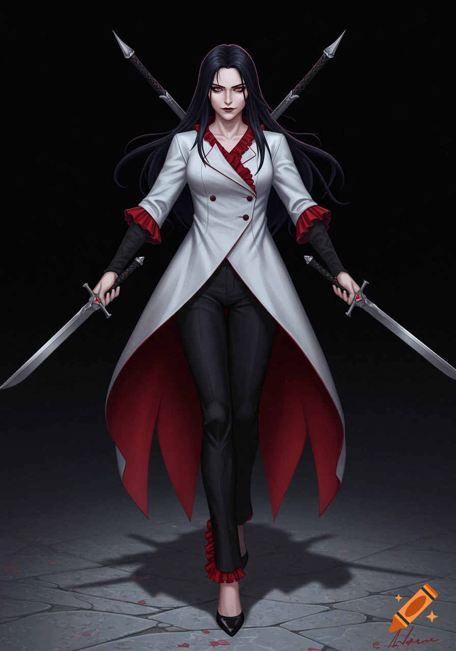 Illustration of a woman in a white coat holding swords in a dark ...