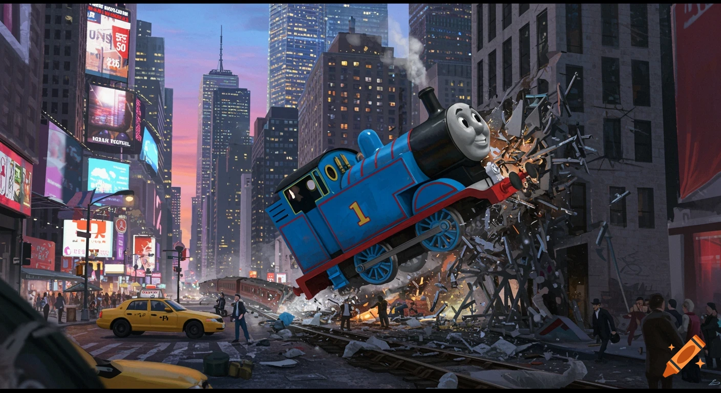 Thomas the Train crashes into a building on a busy Manhattan street. on ...