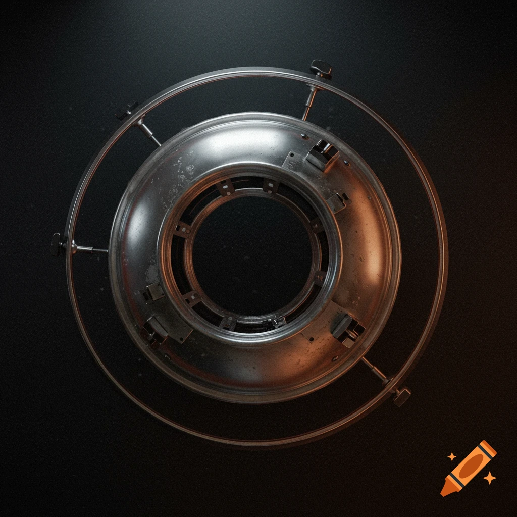 A detailed close-up of a complex circular metallic object with ...