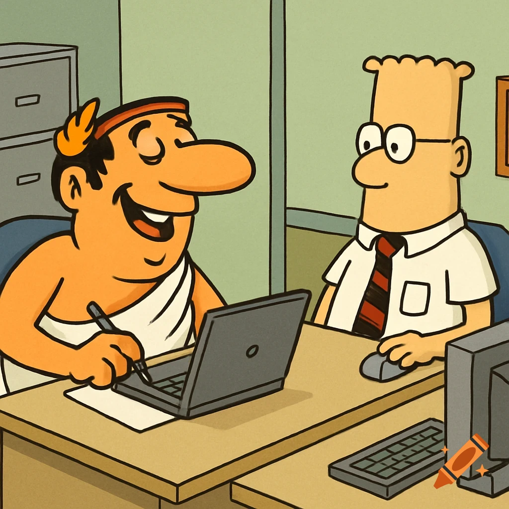 Cartoon of the Little Caesar mascot and Dilbert working on computers in ...